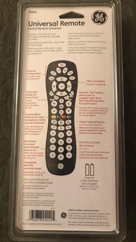 GE 6 Device Universal Remote Control for DVR U-verse TiVo Dish Direct ...