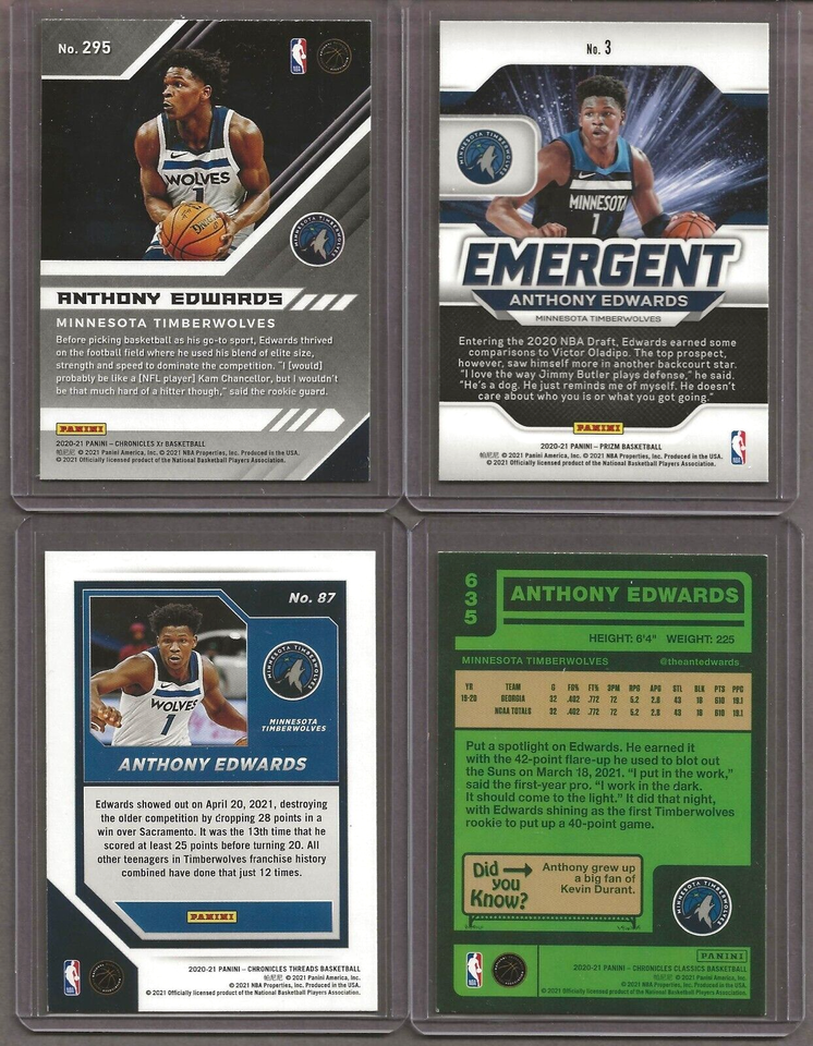 Anthony Edwards 2020-21 Panini Lot of (4) Rookie Cards RC Timberwolves ...