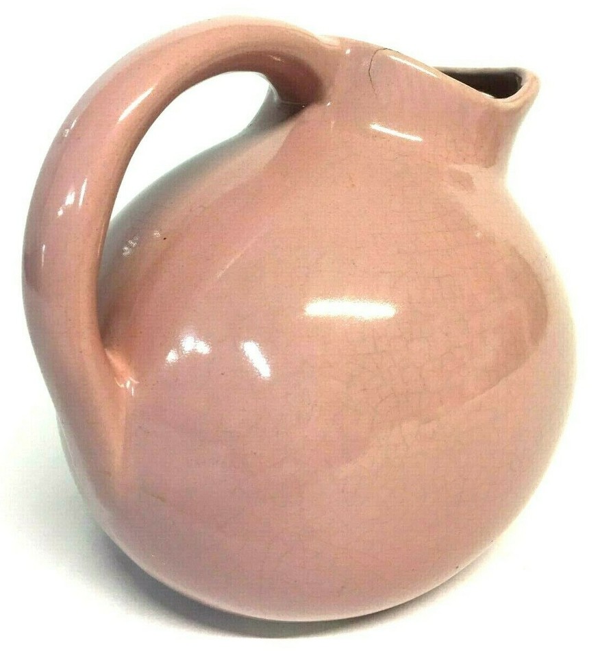 Vtg Light Pink Ceramic Pitcher Ball Round Jug Watering Can Art Mod Deco ...