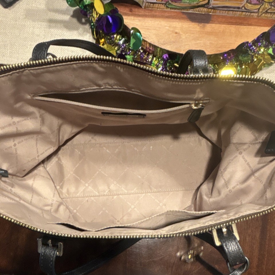 Michael Kors Brown Logo Tote with Black Leather Straps and MK Bag Charm ...