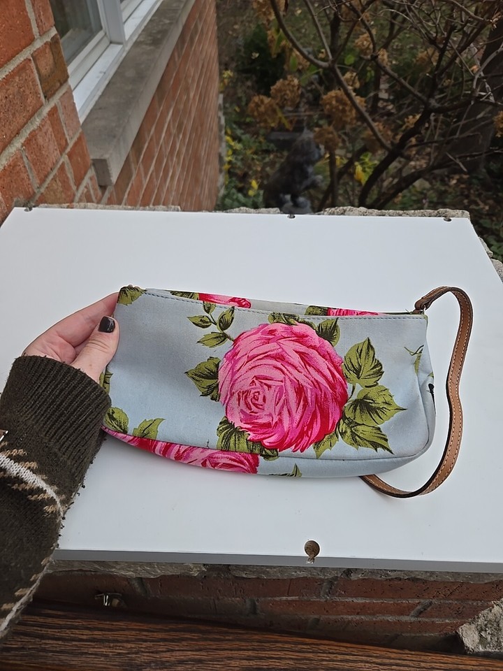 Vintage Kate Spade Cabbage Rose Blue Sam Bag Pink Roses Fabric Handbag ...