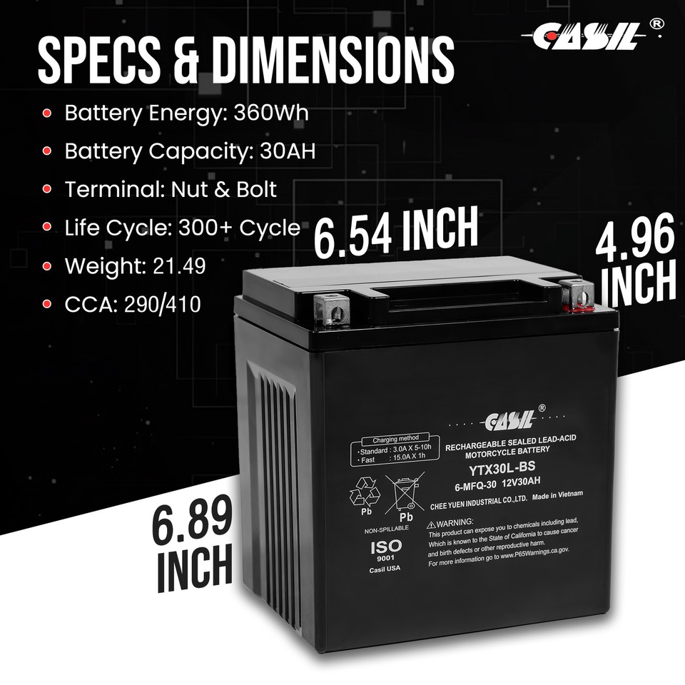 Casil YTX30L-BS Power Sports Replacement Yuasa YIX30L Motorcycle ...