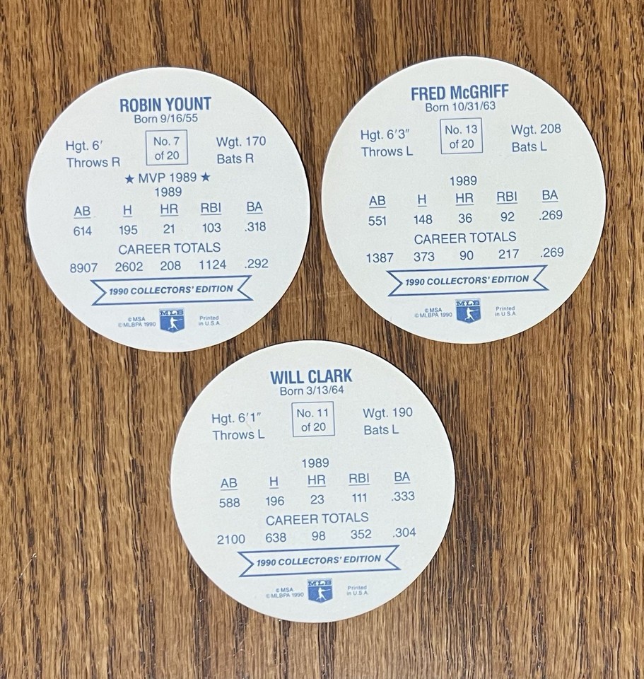 Lot of 3 HOLSUM 1990 SUPERSTARS Round Disc Baseball Cards Yount McGriff ...