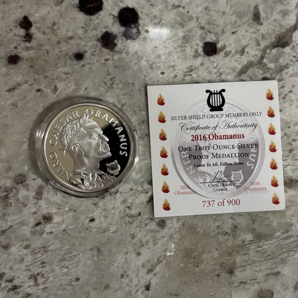 1 OZ .999 PURE SILVER SHIELD PROOF OBAMANUS MEMBERS ONLY ROUND COIN ...