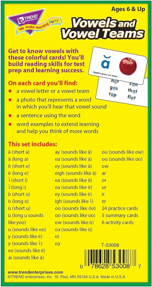 Trend Enterprises: Vowels and Vowel Teams Skill Drill Flash Cards, 3" x ...