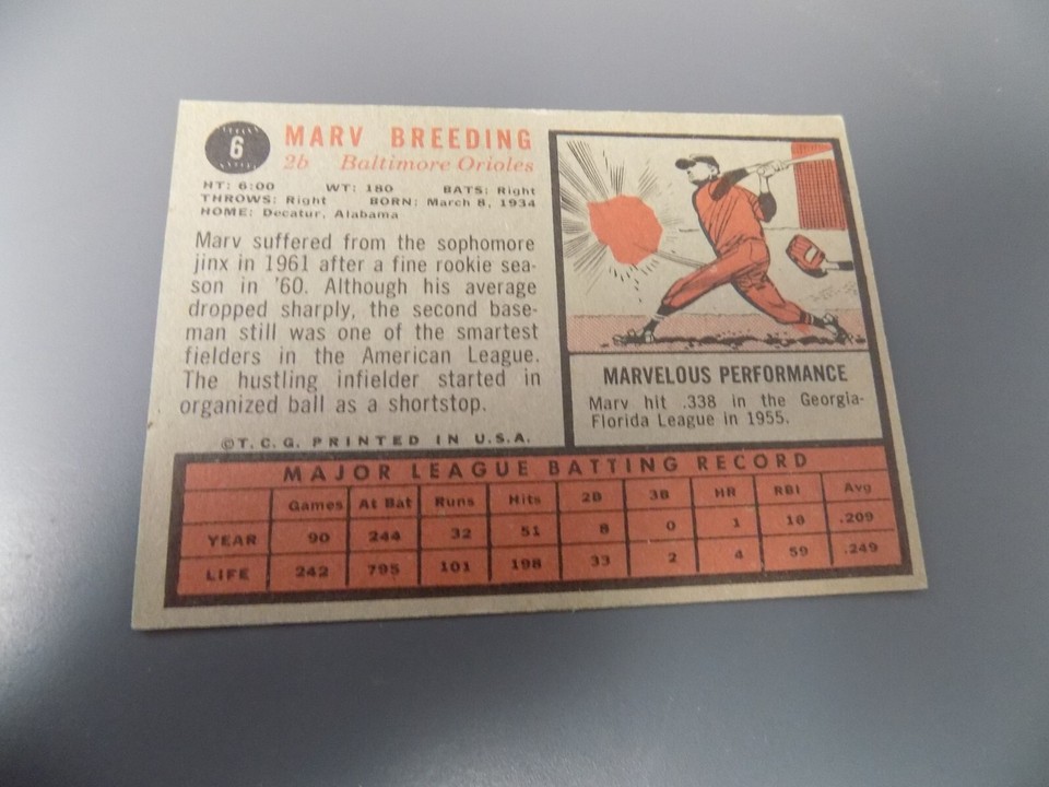 1962 TOPPS #6 MARV BREEDING BALTIMORE ORIOLES SIGNED AUTOGRAPHED | eBay