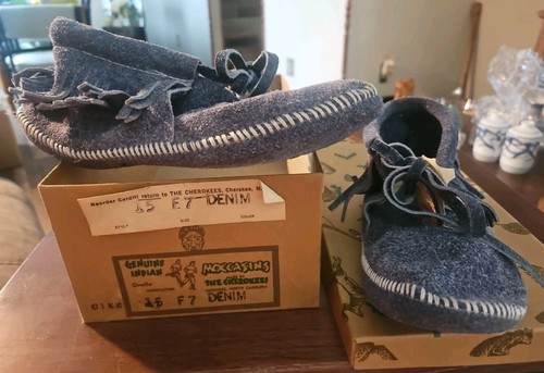 Vtg. New The Cherokees Indian Moccasin Booties Soft Sole Denim Blue ...