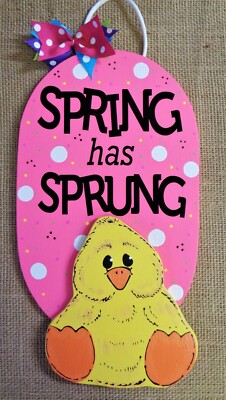 SPRING HAS SPRUNG Chick Sign Wood Plaque Hot Pink Hand Crafted Door ...