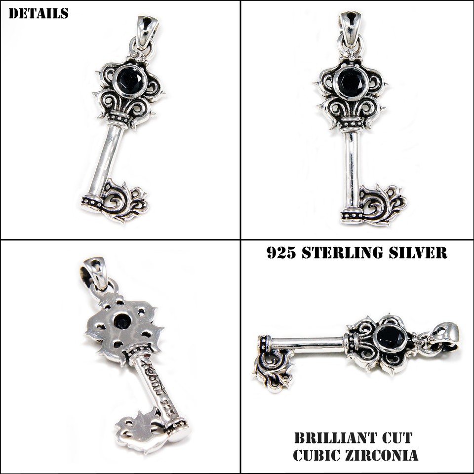 ARABESQUE KEY CZ 925 STERLING SILVER BIKER GOTHIC ROCKABILLY PENDANT db ...