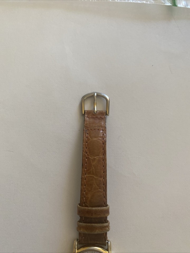 Vtg Bulova Quartz Watch Women Gold Tone Date Brown Leather Band Works ...