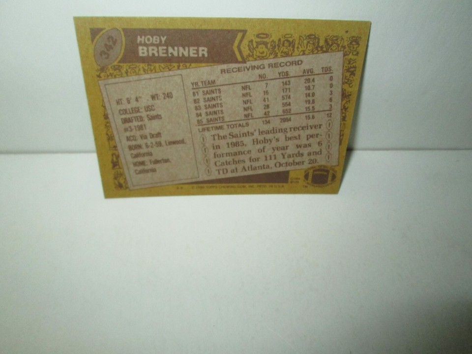 HOBY BRENNER 1986 Topps Card #342 USC NEW ORLEANS SAINTS TE Mint | eBay