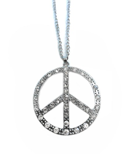 Gold Silver Rhinestone Crystal Cubic Peace Sign Symbol Pendant Long ...