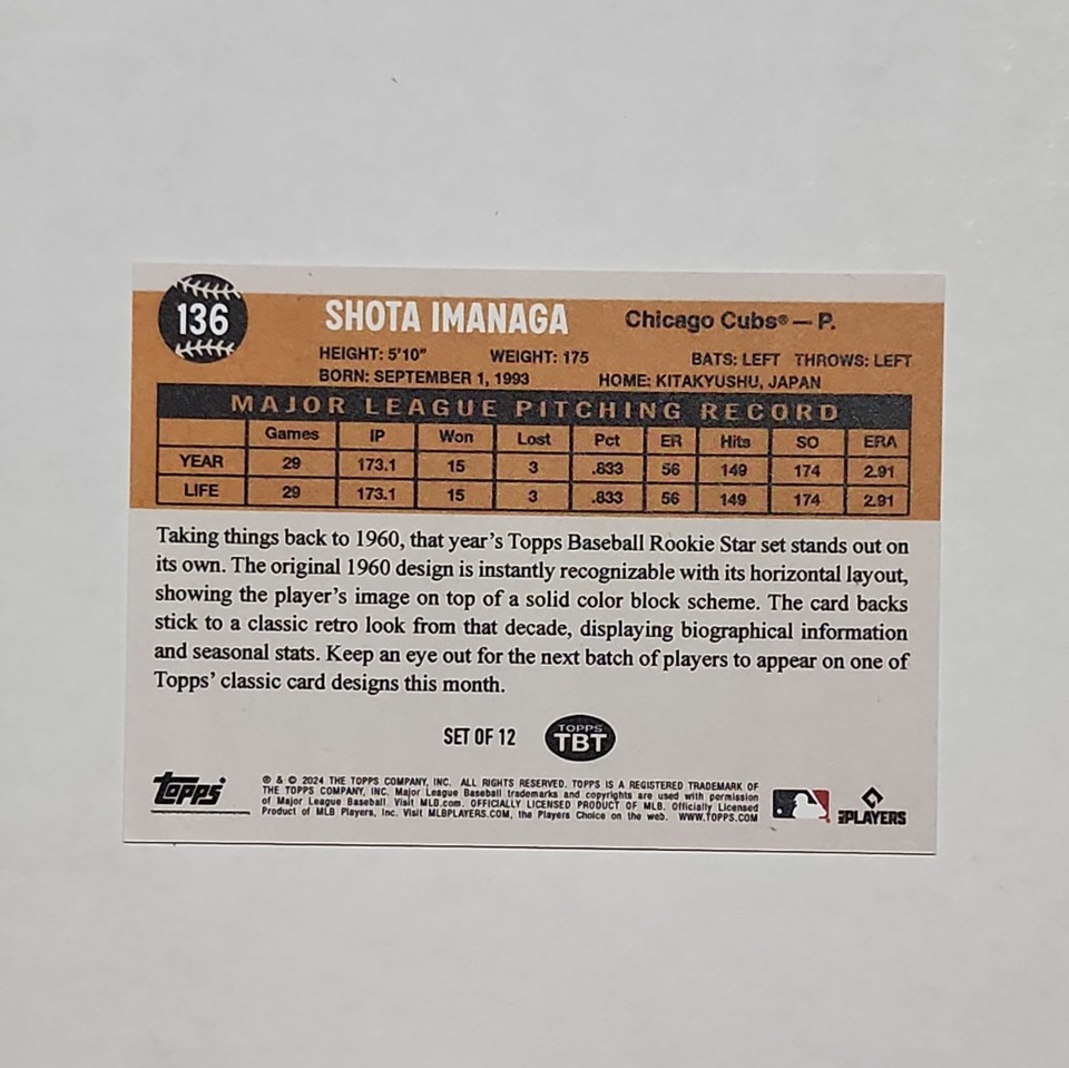 2024 Topps Throwback Thursday #136 Shoto Imanaga RC Rookie TBT Chicago ...