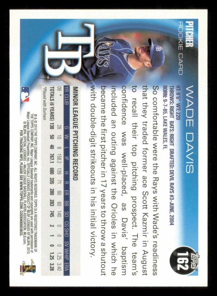 2010 Topps Wade Davis RC Tampa Bay Rays #162 | eBay