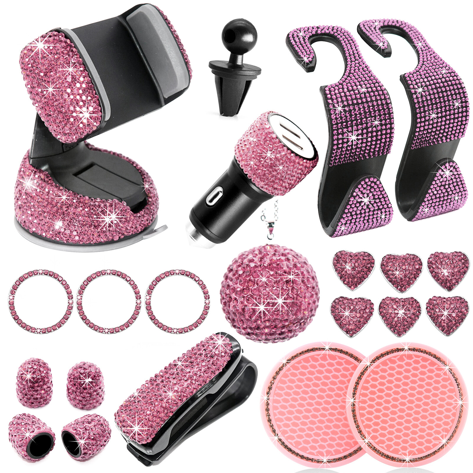 21 Pack Pink Bling Car Accessories Set for Women Girls,Bling Car Phone ...