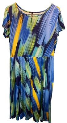 Blue Green Yellow Jupee Short Sleeve Abstract Print Silky Dress | eBay
