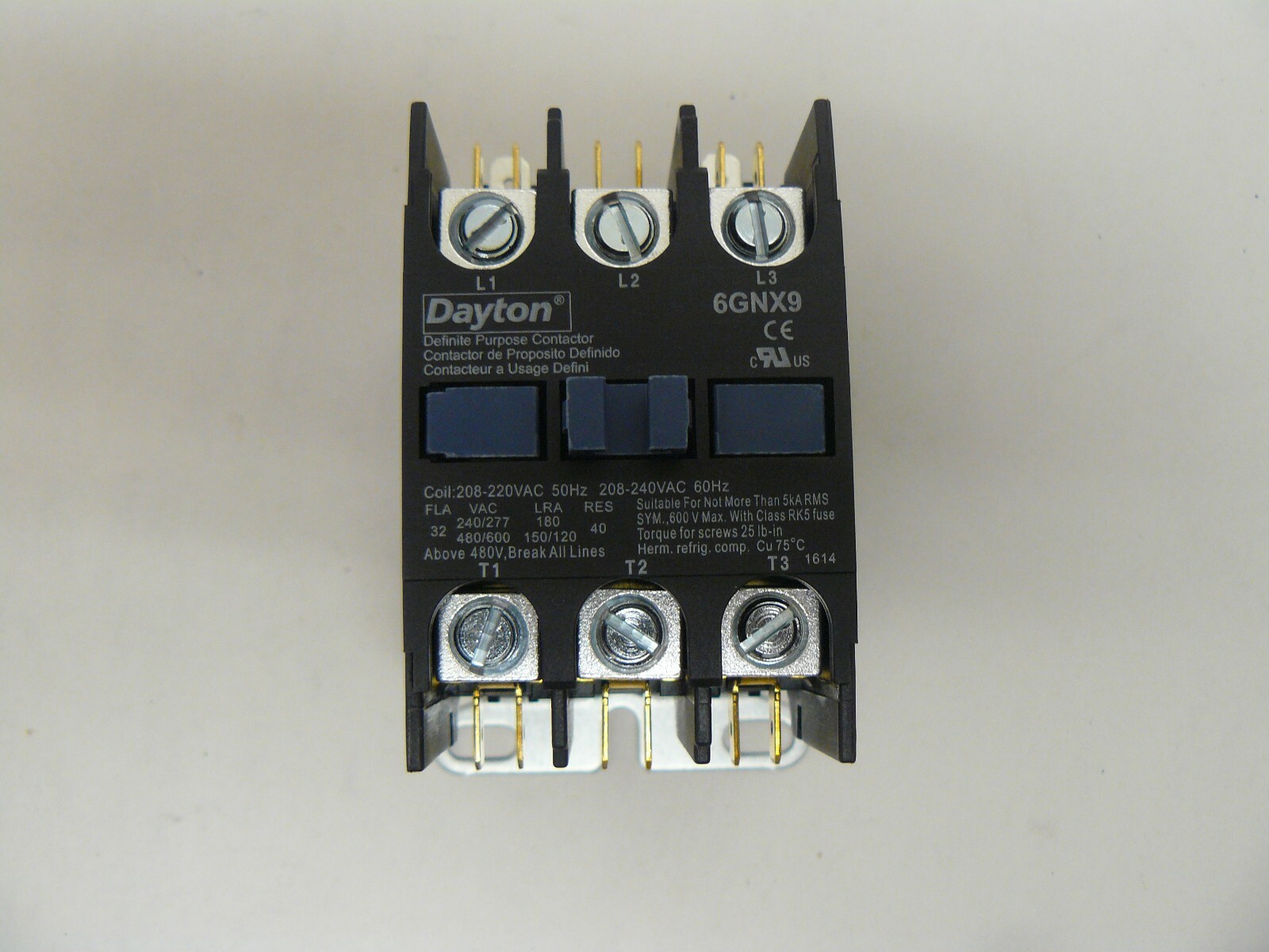 Dayton 6GNX9 definite purpose contactor 3 pole fla 277 vac 32 coil 208 ...
