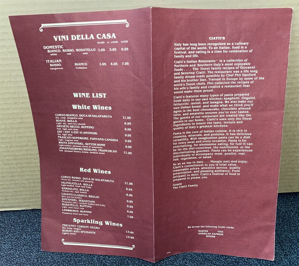 1984 Ciatti's Italian Restaurant Menu Minneapolis started in (1982) | eBay