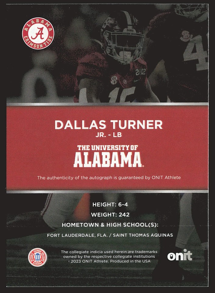 2023 ONIT Athlete Alabama Crimson Tide #NNO Dallas Turner Blackout ...