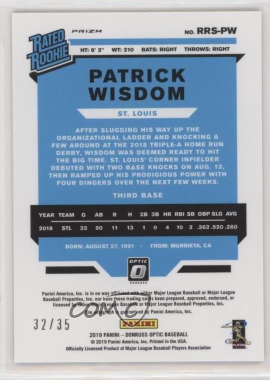 2019 Panini Donruss Optic Teal Velocity Prizm /35 Patrick Wisdom #RRS ...