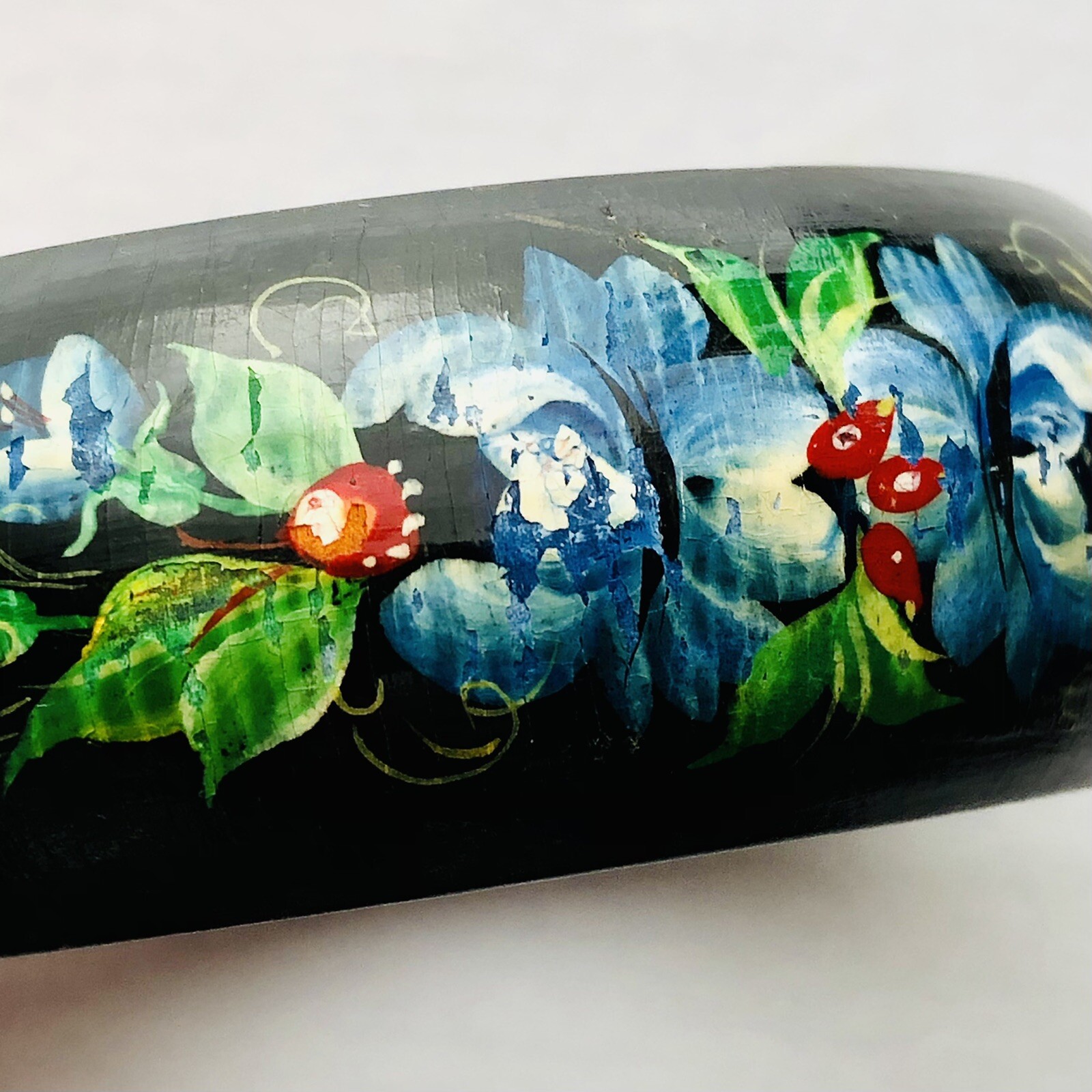 VTG Bangle Cuff Bracelet Hand Painted Black Lacquer Blue Flower Retro ...