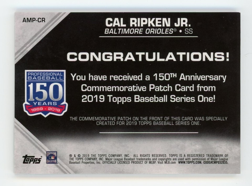 2019 Topps Cal Ripken Jr Commemorative Patch #AMP-CR | eBay