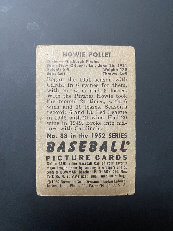1952 Bowman Baseball #83 Howie Pollet VG/EX | eBay