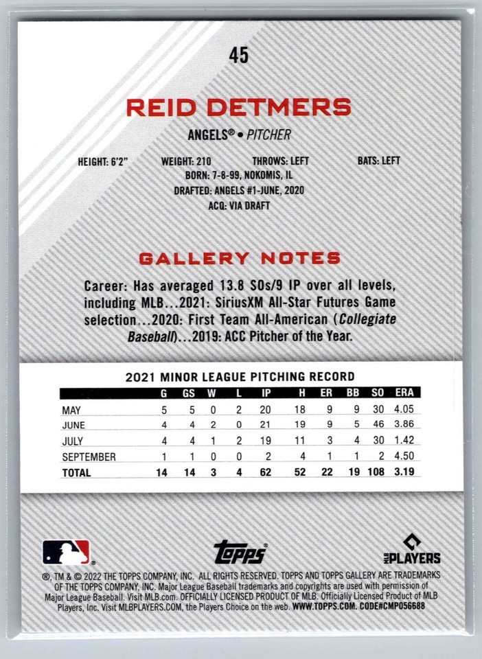 2022 Topps Gallery Baseball #45 Reid Detmers RC Los Angeles Angels | eBay