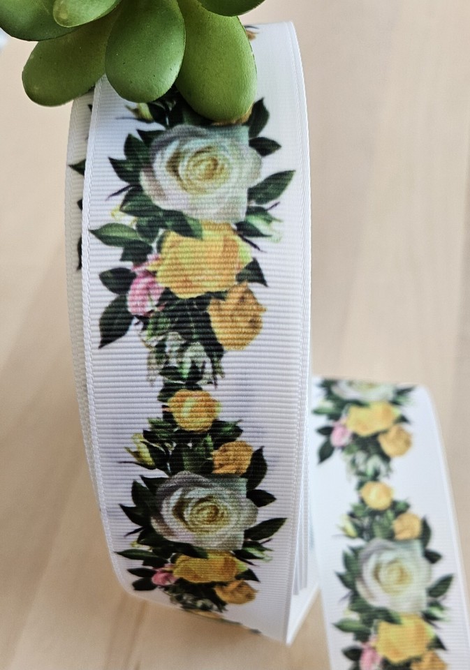 7/8 & 1.5" (1 YD) Yellow Rose Grosgrain Ribbon Roses Floral Mother's ...