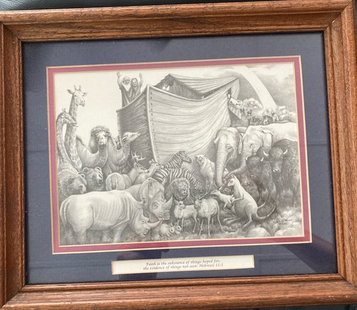 VTG 90s Noahs Ark Wall Art Print Of Drawing Signed Diana Glanco Matted ...
