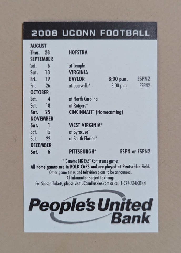 2008 UConn Huskies College Football Pocket Schedule Card NCAA 🏈🏈 | eBay