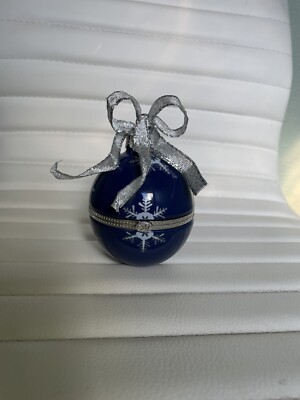 Christmas Ornament Ring Box Hand Painted Porcelain Hinged Trinket Blue ...