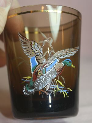VINTAGE BAR WARE SHOT GLASS BROWN GLASS DUCK GRAPHIC ACL GOLD TRIM | eBay