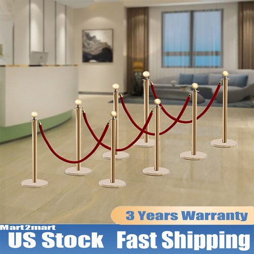 8 PCS Crowd Control Stanchion Gold Posts Set w/ Red Velvet Rope Queue ...