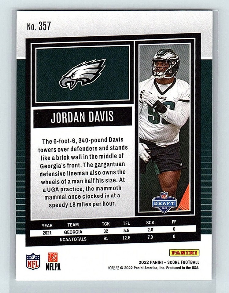2022 Score Rookie Card Jordan Davis Rookie Philadelphia Eagles #357 | eBay
