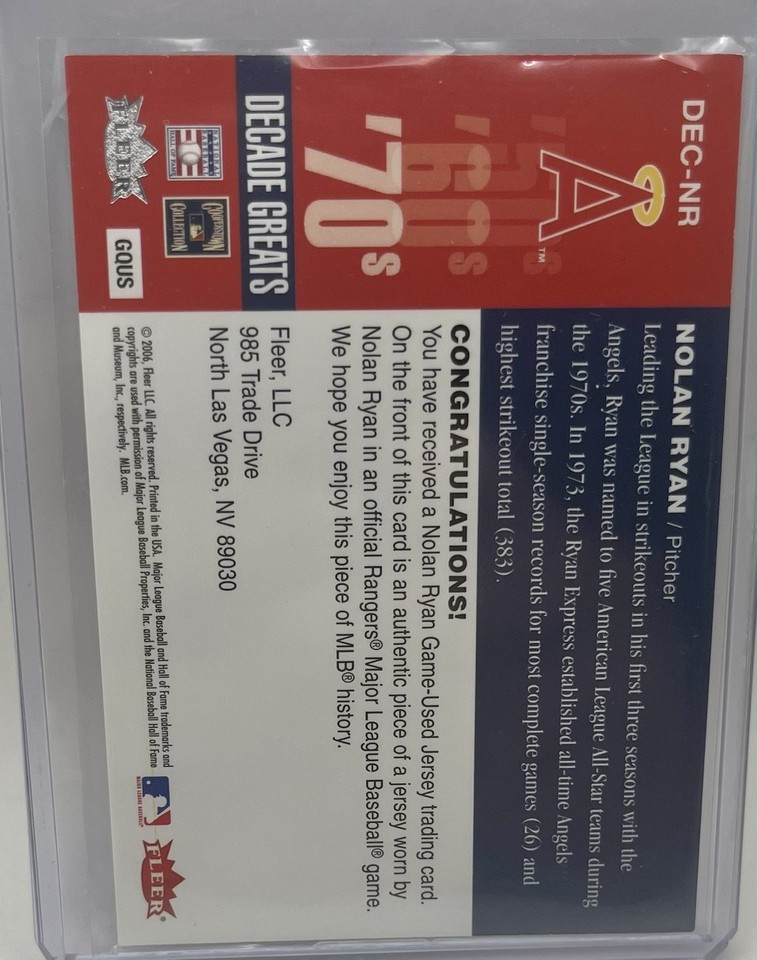 Fleer Greats Of The Game Relic Used Jersey NOLAN RYAN Los Angels Angels ...