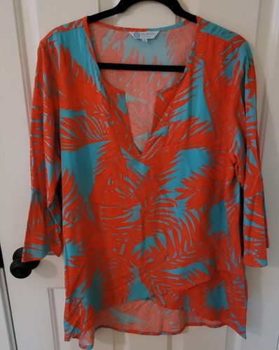 Escapada Large Tunic Top Palm Tree Tropical Bell Sleeve Beachy Red Aqua ...