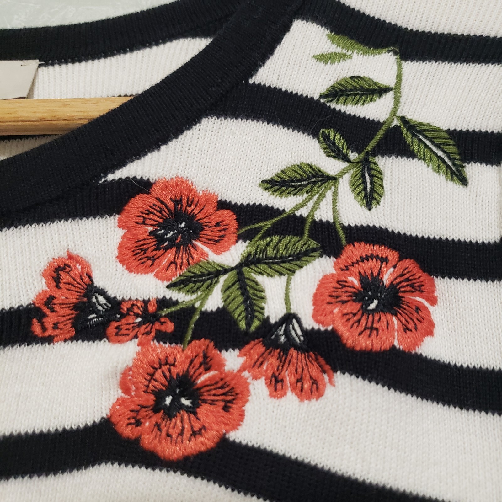 LOFT Black White Striped Floral Embroidery Knit Sweat… - Gem