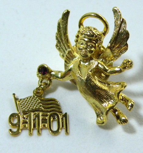 Vintage 911 Angel Pin Gold Tone Charm 9 11 01 American Flag Hat Lapel ...