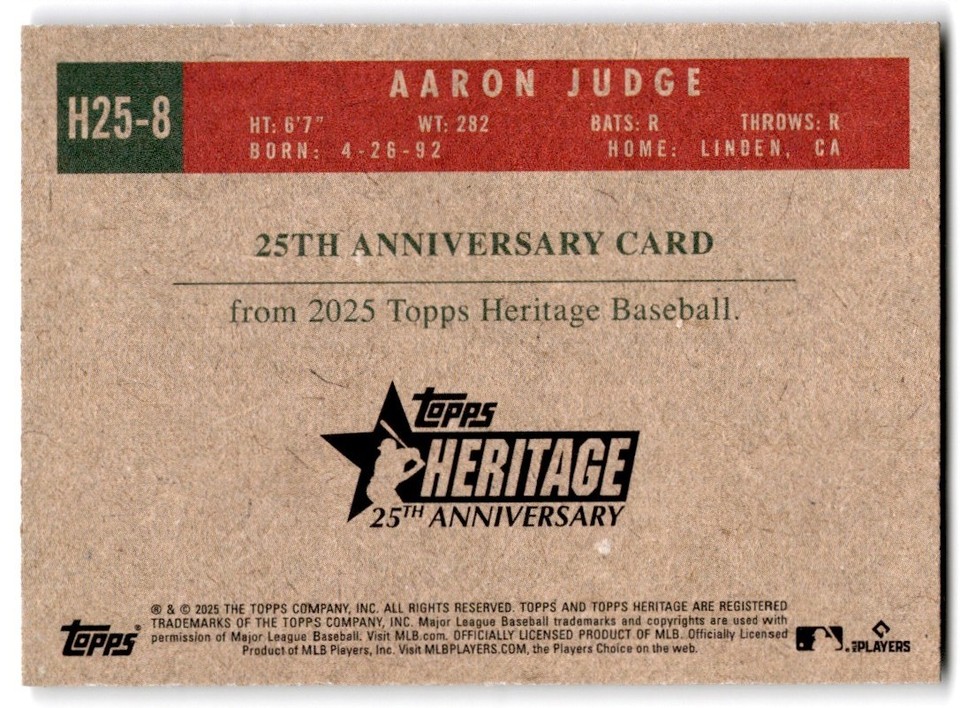 2025 Topps Heritage 25th Anniversary Aaron Judge New York Yankees #H25 ...