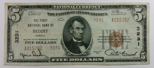 1929 - $5 Type 2 First National Bank Of Beloit, KS - CH # 3231 ...