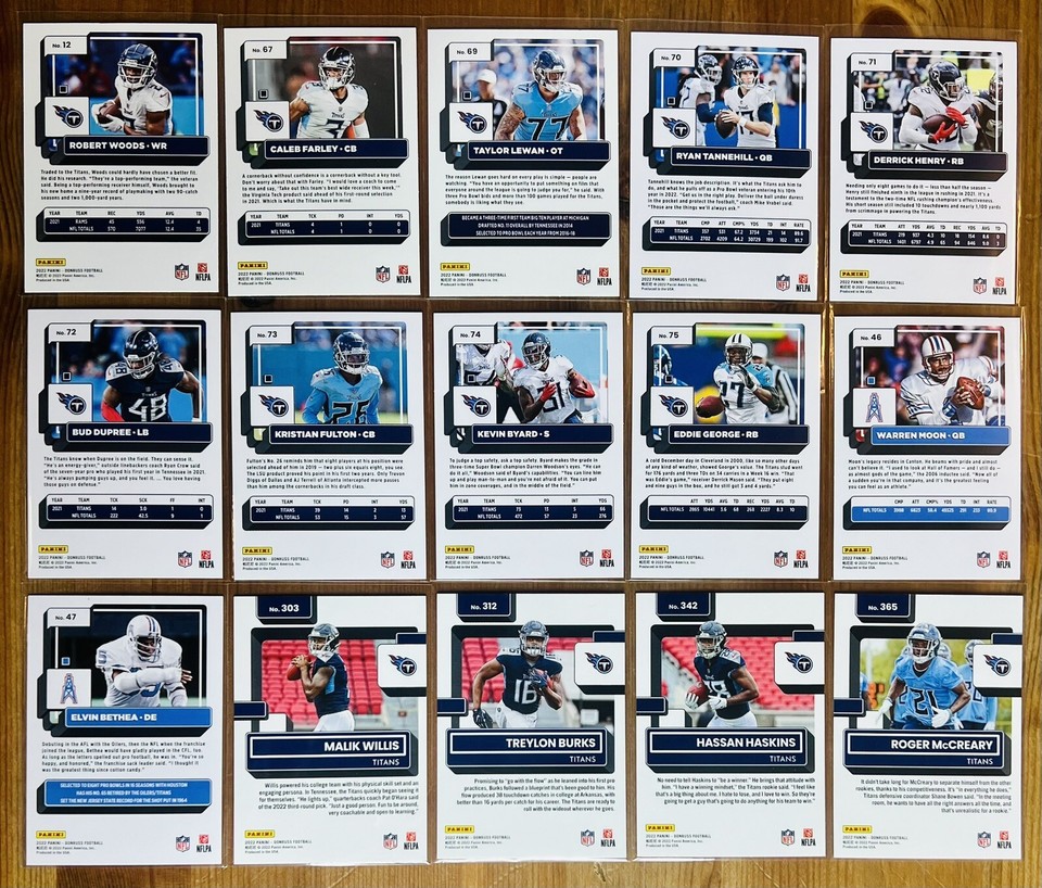 2022 Panini Donruss Football TENNESSEE TITANS Team Set + Rookies 15 ...