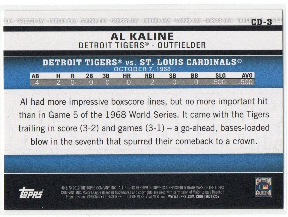 Al Kaline 2012 Topps Career Day #CD3 Detroit Tigers Hall of Fame | eBay