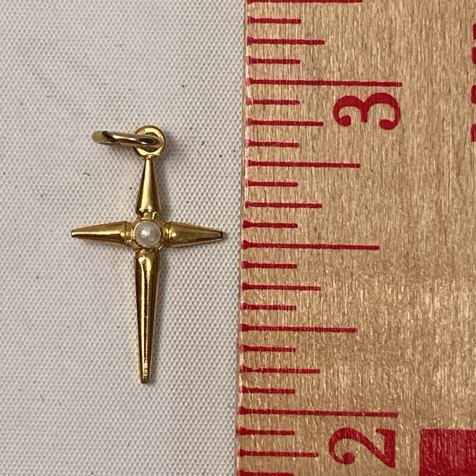 Gold Colored Cross Charm Pendant Christian Pointy W/ Accent Pearl ...