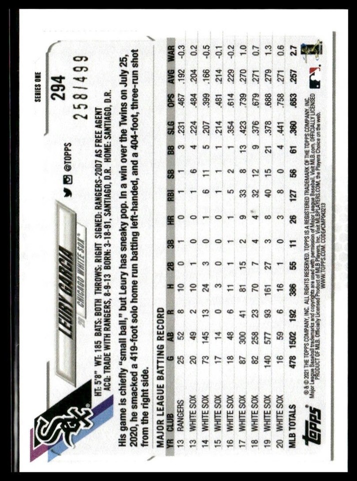 2021 Topps 294 Leury Garcia Chicago White Sox Green Foil 258/499 ...