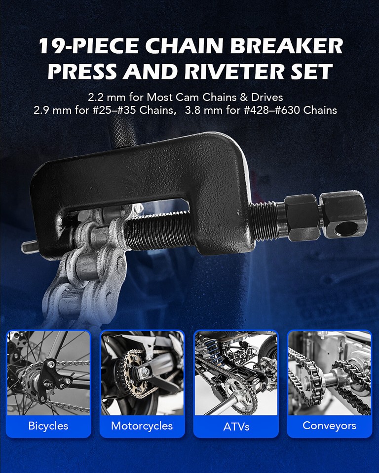 OMT 19pc Motorcycle Chain Breaker Rivet Tool Kit w C Frame 3 Anvils 5 ...