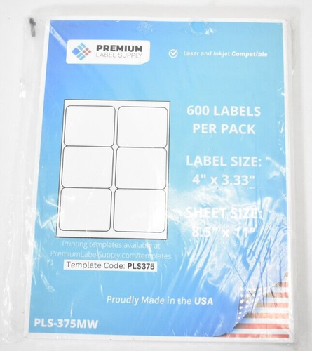 Premium Label System 600 Labels Pack 4" x 3.33" PLS-375MW White 100 ...