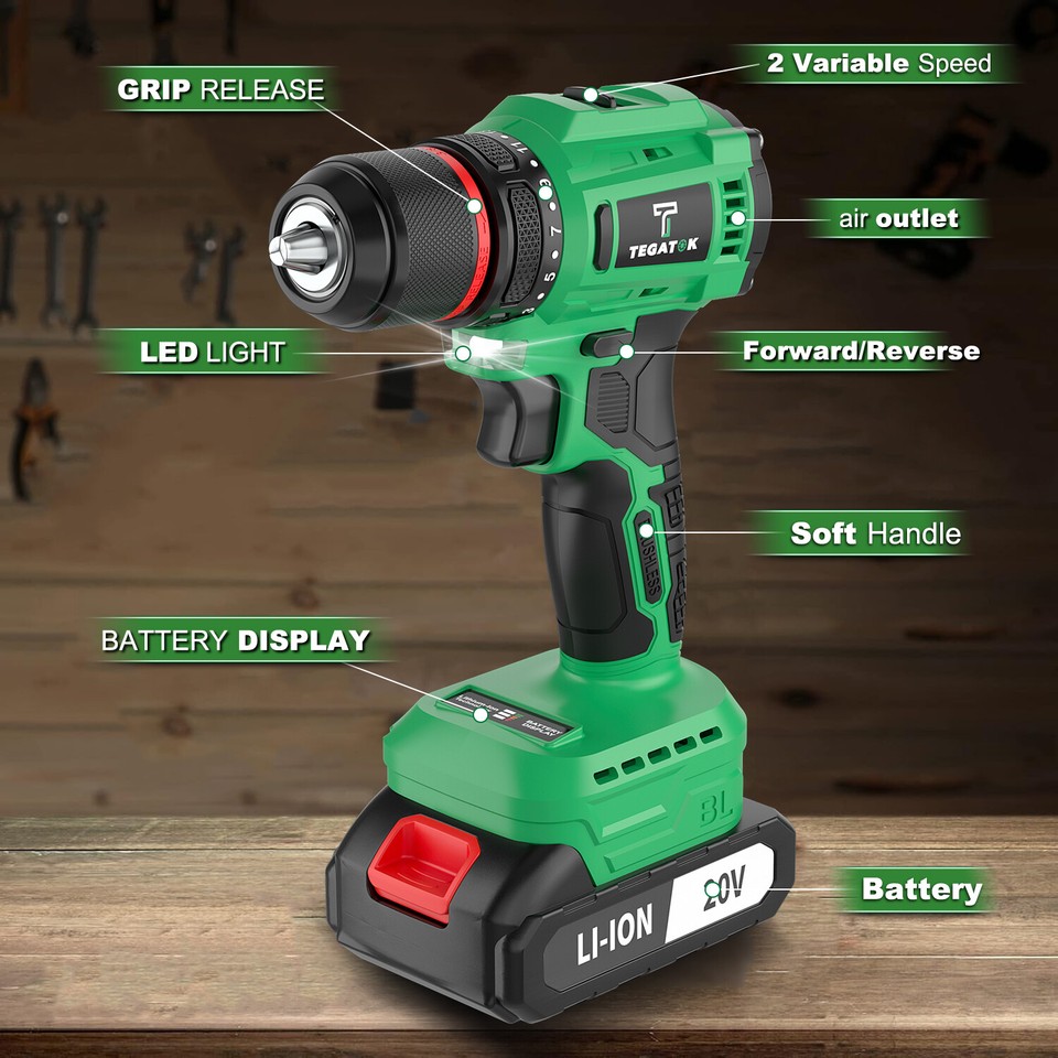 20V Cordless Portable Electric Drill, Chargeable Drill Driver with 2 ...