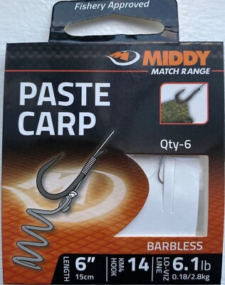MIDDY BARBLESS PASTE CARP FISHING HOOKS TO NYLON RIGS Size 14 to 6.1lb ...
