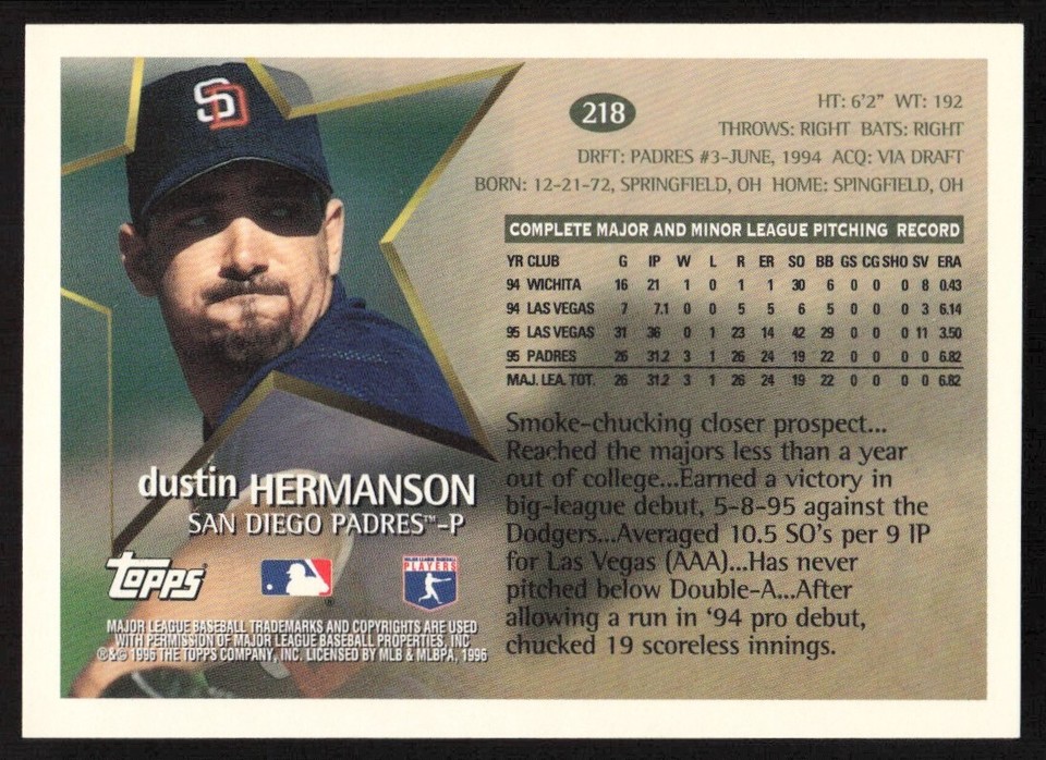 1996 Topps Baseball Future Star Dustin Hermanson #218 San Diego Padres ...